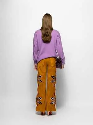 PAULA Alice Wide-leg Suede Pants With Floral Embroidery - Brown