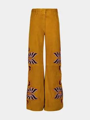 PAULA Alice Wide-leg Suede Pants With Floral Embroidery - Brown
