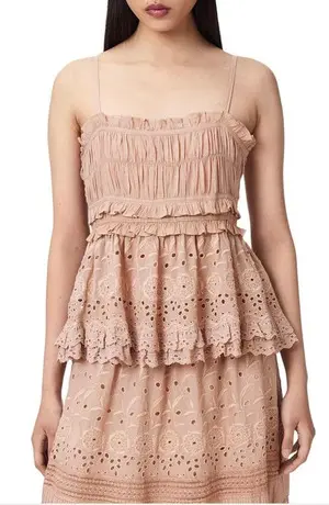 ALLSAINTS Camille Ruffle Eyelet Top - Plaster Pink