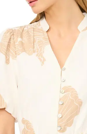 Halogen Neutral Floral Print Linen Blend Shirtdress
