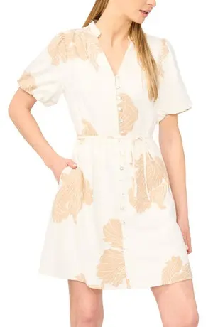 Halogen Neutral Floral Print Linen Blend Shirtdress