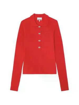 GANNI Logo Button Long Sleeve Polo Shirt - Red
