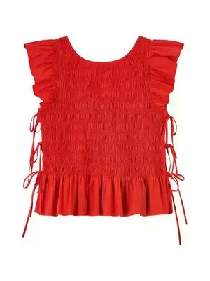 GANNI Smocked Cotton Top - Cherry