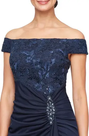 Alex Evenings Off-the-shoulder Embroidered Lace Gown