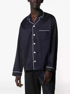 TEKLA Contrast-piping Pajamas Shirt - Blue