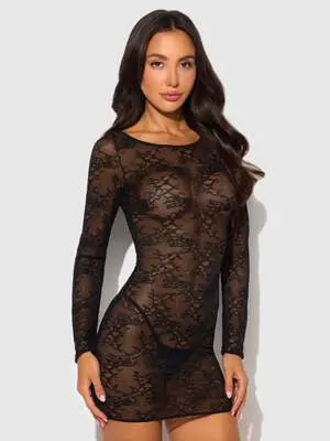 Frederick's Of Hollywood Pia Lace Long Sleeve Chemise With G-string - Black