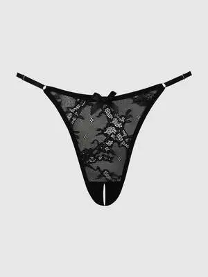Frederick's Of Hollywood Pia Lace Crotchless Side Slider Thong - Black
