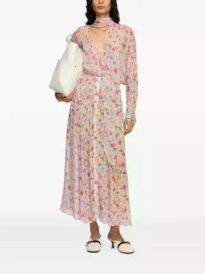 GANNI Floral Silk V-neck Long Sleeve Dress With Scarf Detail