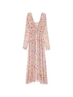 GANNI Floral Silk V-neck Long Sleeve Dress With Scarf Detail