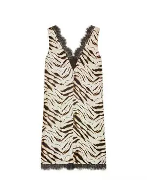 GANNI Zebra-print Lace-trim Midi Dress - Neutrals