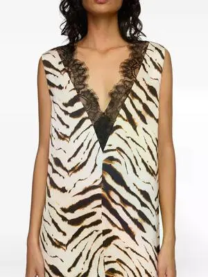 GANNI Zebra-print Lace-trim Midi Dress - Neutrals