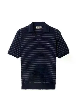 Miu Miu Striped V-neck Polo Shirt With Ribbed Hem - Blue