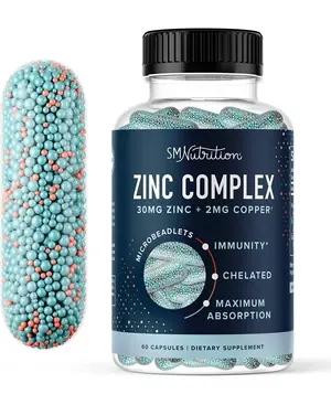 SMNUTRITION Zinc 30mg Microbeadlets With Copper | Highly Absorbable Zinc Bisglycinate & Orotate With 2mg Chelated Copper + Vitamin B6 | Gluten-free - No Color