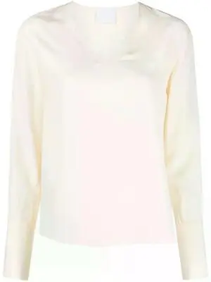 MERCI V-neck Silk Blend Blouse With Buttoned Cuffs
