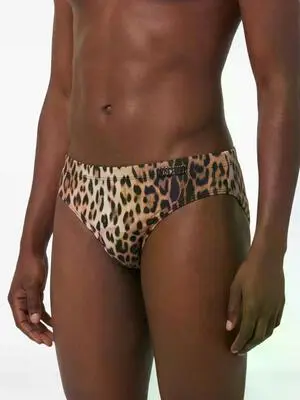 Moschino Leopard Print Logo Plaque Swim Trunks