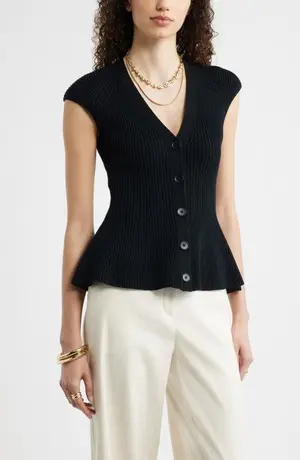 Nordstrom Ribbed Peplum V-neck Top With Cap Sleeves - Black