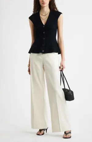 Nordstrom Ribbed Peplum V-neck Top With Cap Sleeves - Black