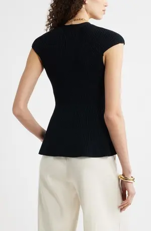 Nordstrom Ribbed Peplum V-neck Top With Cap Sleeves - Black