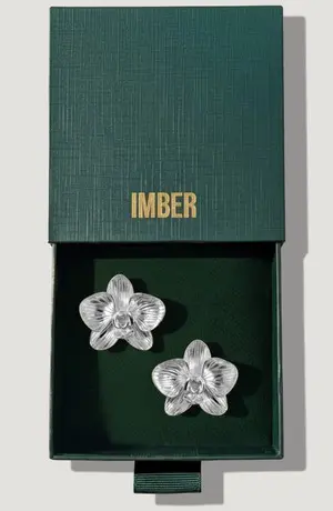 IMBER Orchid Flower Statement Stud Earrings - Silver