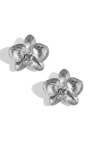 IMBER Orchid Flower Statement Stud Earrings - Silver