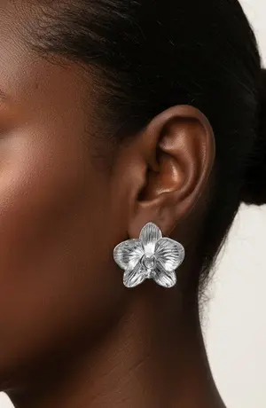 IMBER Orchid Flower Statement Stud Earrings - Silver
