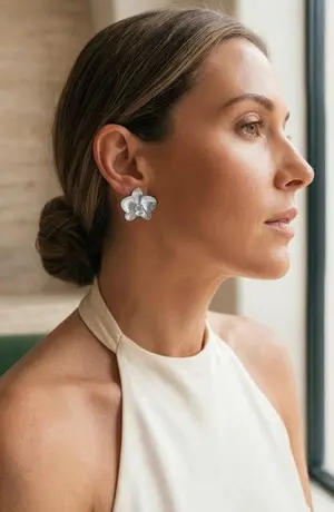 IMBER Orchid Flower Statement Stud Earrings - Silver