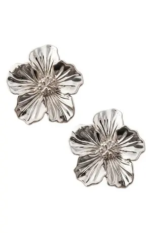 IMBER Hibiscus Flower Sculptural Statement Earrings - Silver