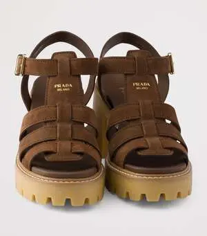 Prada Suede Platform Heeled Sandals - Brown
