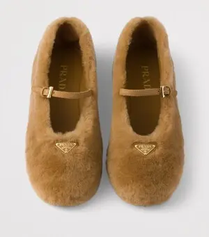Prada Shearling Ballet Flats With Logo Detail