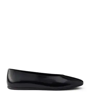 Prada Leather Ballet Flats With Gold Tone Logo Detail - Black