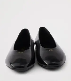 Prada Leather Ballet Flats With Gold Tone Logo Detail - Black