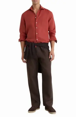 REISS Ruban Linen Button-up Shirt - Brick Red