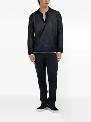 FERRAGAMO Long Sleeve Knitted Silk Polo Shirt - Blue