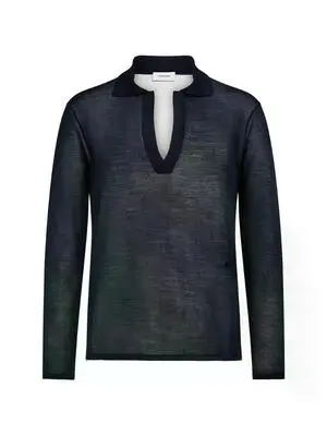 FERRAGAMO Long-sleeve Knitted Silk Polo Shirt - Blue