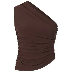 CELESTINE & MAE One Shoulder Ruched Mesh Top - Brown