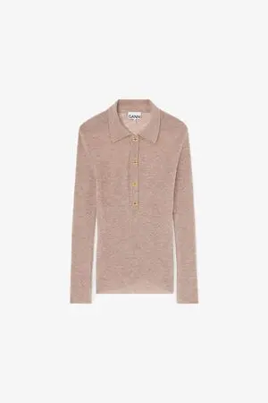 GANNI Long Sleeve Polo Shirt - Brown