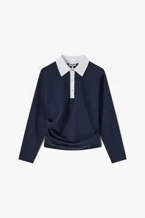 GANNI Long Sleeve Polo Shirt - Navy