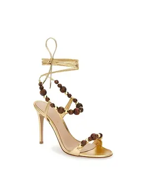 GIANVITO ROSSI Gold Metallic Leather Beaded Strappy Stiletto Sandals - Gold Lamb Leather