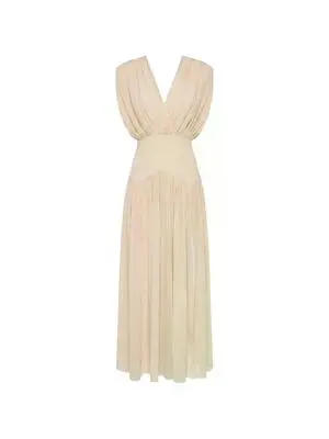 NICHOLAS Giana Plunging Neckline Pleated Maxi Dress - Neutrals