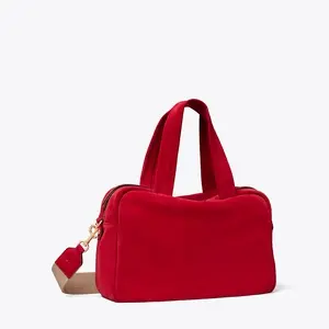 Tory Burch Suede Satchel With Webbing Strap And Button Hardware - Toucan Red