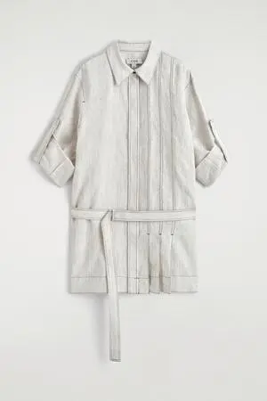Cos Belted Pleated Linen Mini Shirt Dress - Gray
