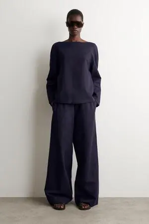 Cos Boat-neck Linen And Cotton Blend Blouse - Navy