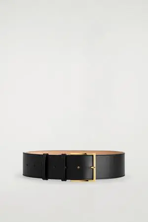 Cos Wide Leather Belt With Gold Tone Buckle - Black