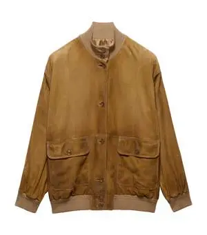 Prada Suede Bomber Jacket With Logo Detail - Neutral