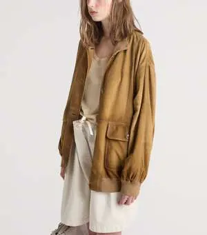 Prada Suede Bomber Jacket With Logo Detail - Neutral