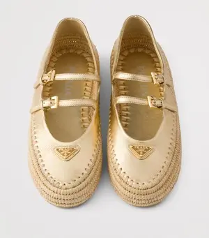 Prada Leather And Raffia Ballet Flats - Metallic