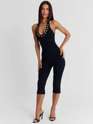 OUTCAST Vidae Jumpsuit With Plunge Neckline And Eyelet Detail - Black