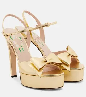 Valentino Garavani Metallic Leather Platform Sandals With Bow Detailing - Gold