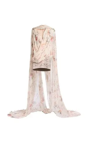 Elie Saab Printed Chiffon Cape Dress