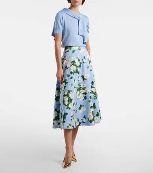 Carolina Herrera Floral Faille Midi Skirt - Blue